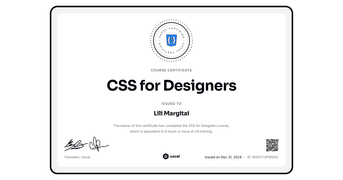 Certificate of completion for CSS Foundations | Uxcel